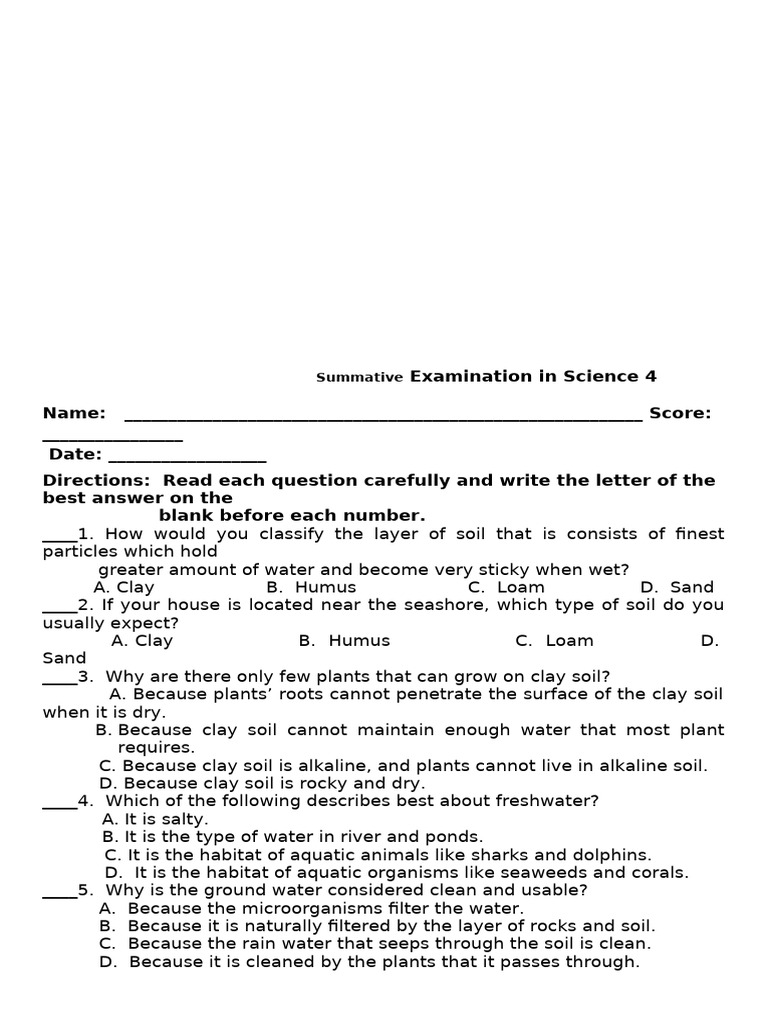 Science 4 2ND Summative Sample Test | PDF | Water | Precipitation