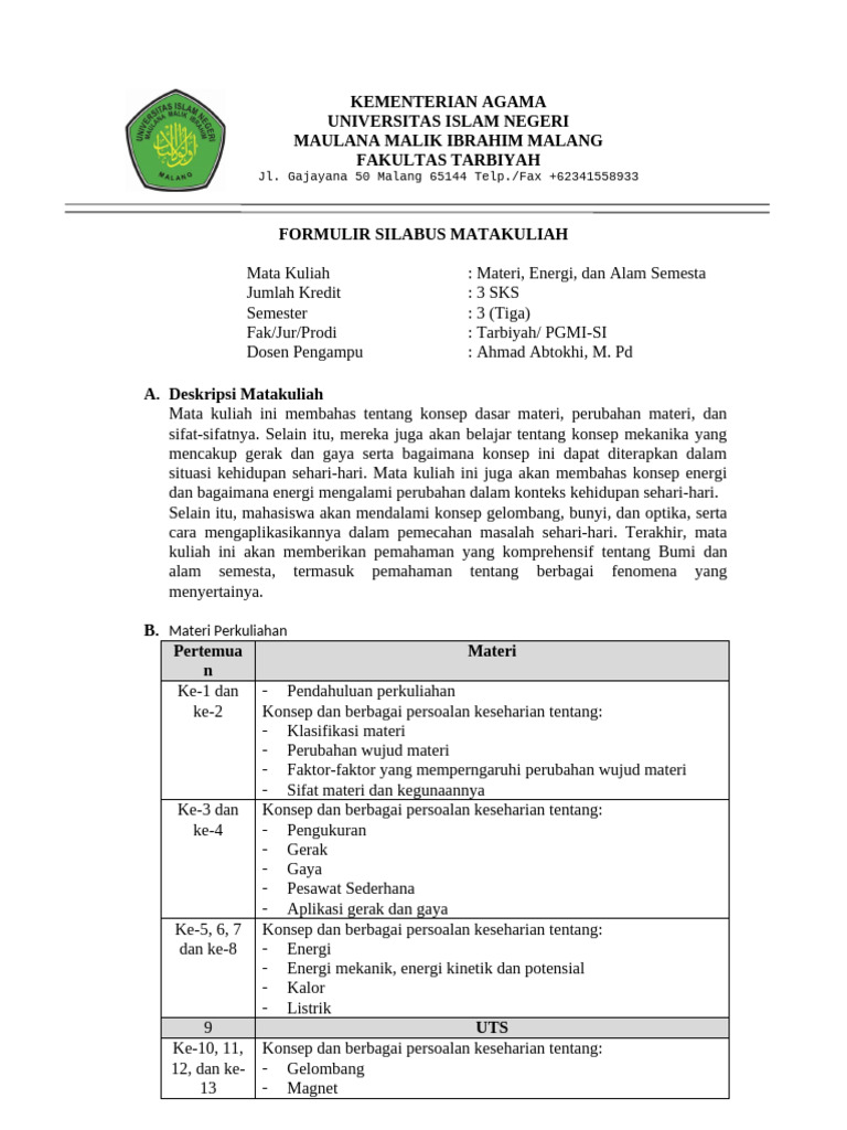 Rps-Deskripsi Mata Kuliah Materi Energi Dan Alam Semesta 2024 | PDF
