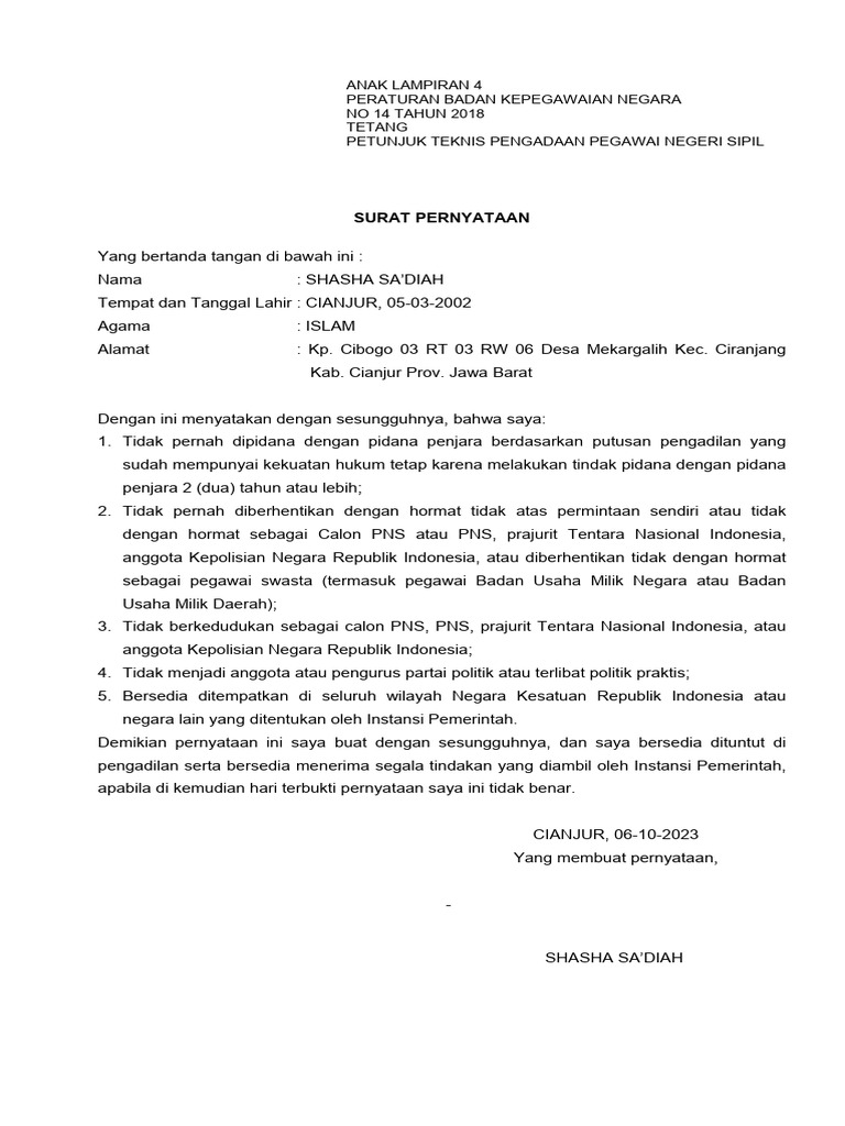 Pernyataan Calon PNS oleh Shasha Sa’diah | PDF | Hukum