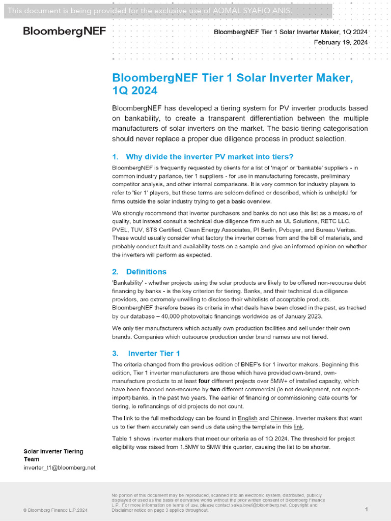 Company Ranking - Tier 1 PV Inverter Makers - 1Q 2024 - BloombergNEF | PDF