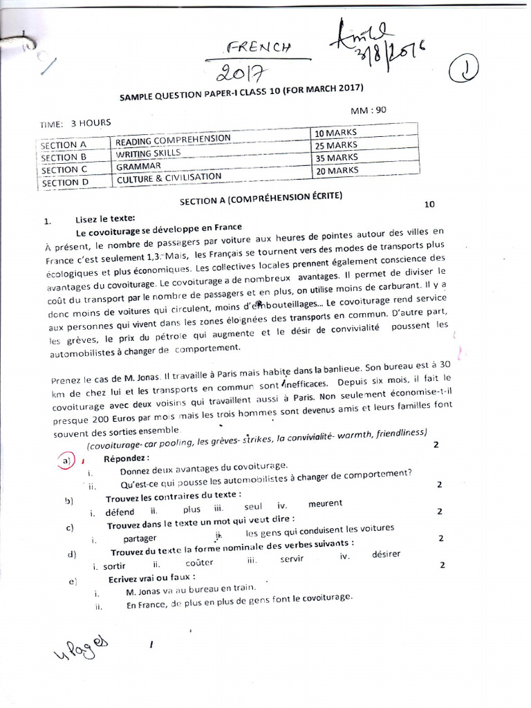 CBSE Class 10 French SET 2 Sample Question Paper 2016-2017 | PDF