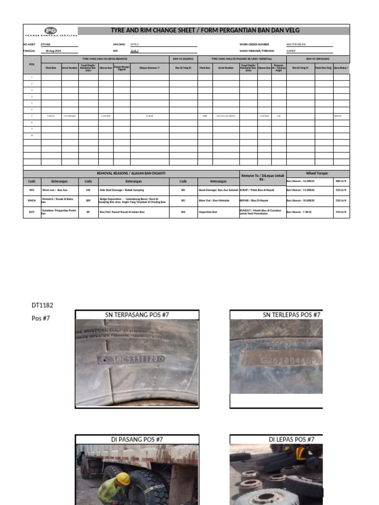 Form - Replacement - Tyre (18 Agustus 2024 Dt1182) | PDF
