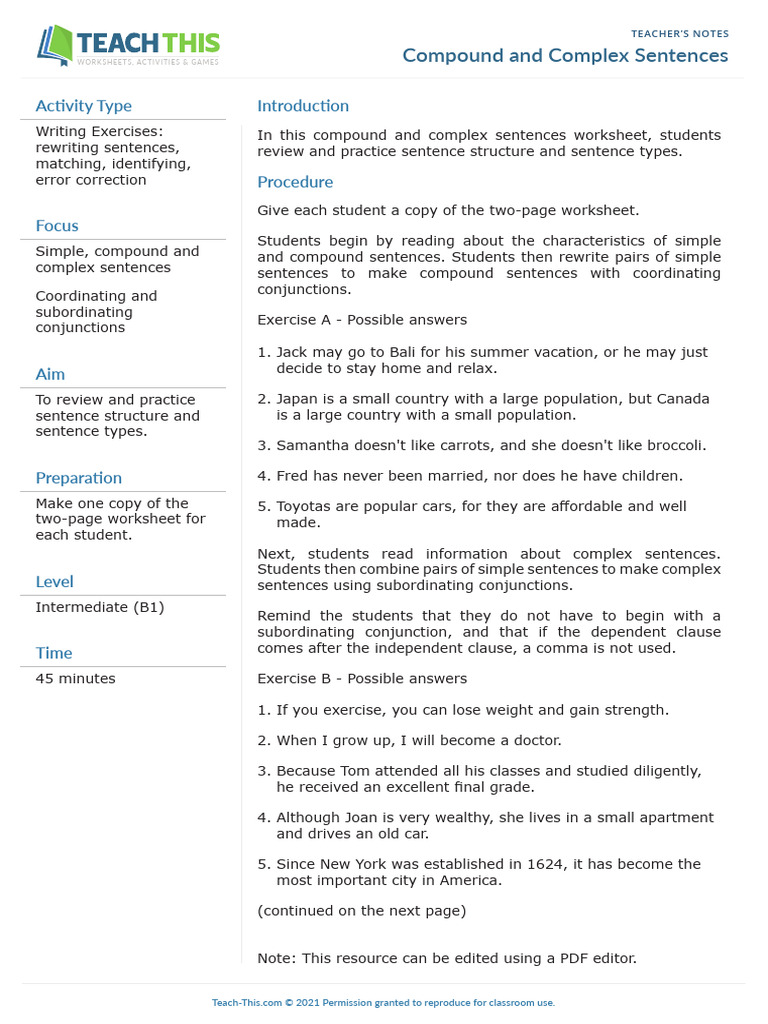 Compound and Complex Sentences Worksheet | PDF | English Grammar | Syntax