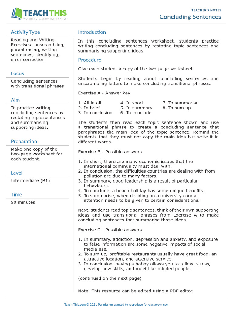 Concluding Sentences Worksheet for Class 8 | PDF | Spanish Language ...