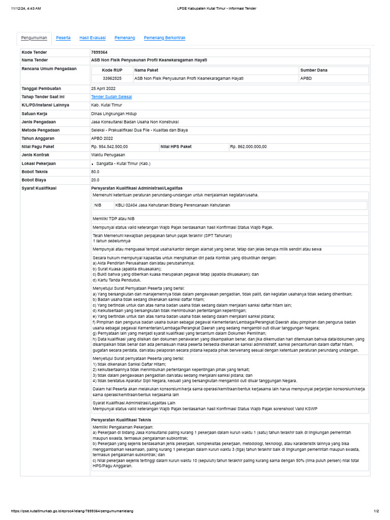 LPSE Kabupaten Kutai Timur - Informasi Tender-KBLI Profil Kehati | PDF