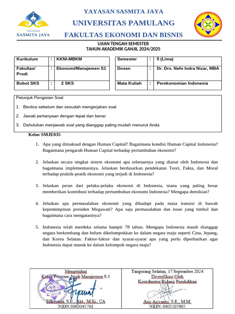 KOP Surat UTS - Perekonomian Indonesia Kelas C Sabtu 05SMJE035 NIN | PDF | Karier & Perkembangan ...