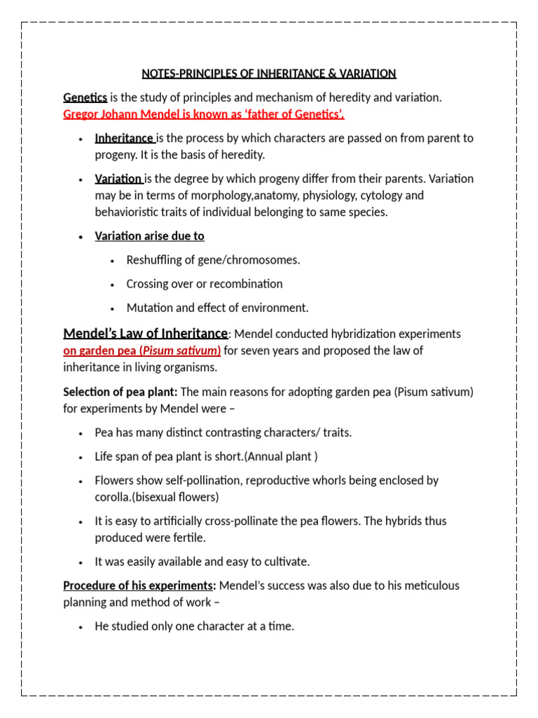 Notes-Principles of Inheritance | PDF | Dominance (Genetics) | Allele