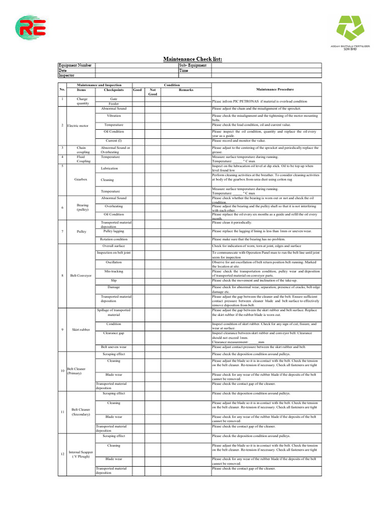 Conveyor Maintenance Checklist Guide | PDF | Belt (Mechanical) | Wear