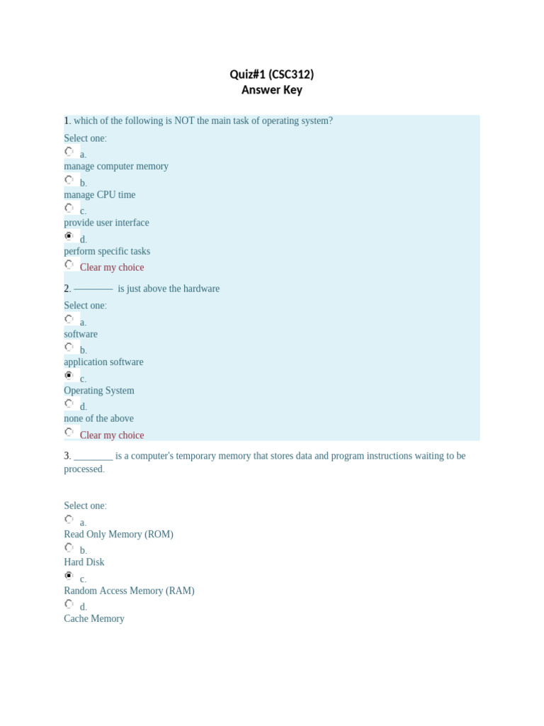CSC312 Quiz#1 Answer Key | PDF | Random Access Memory | Central Processing Unit