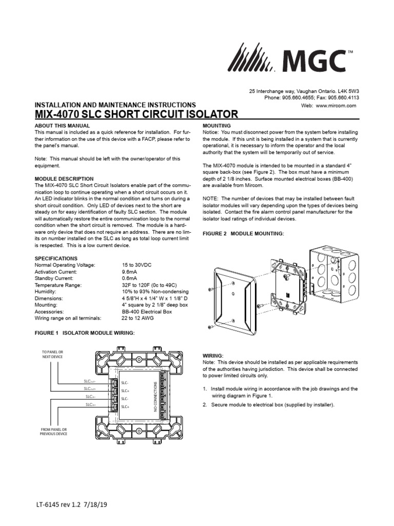 MIX-4070 SLC Isolator Guide | PDF | Electrical Wiring | Electric Power