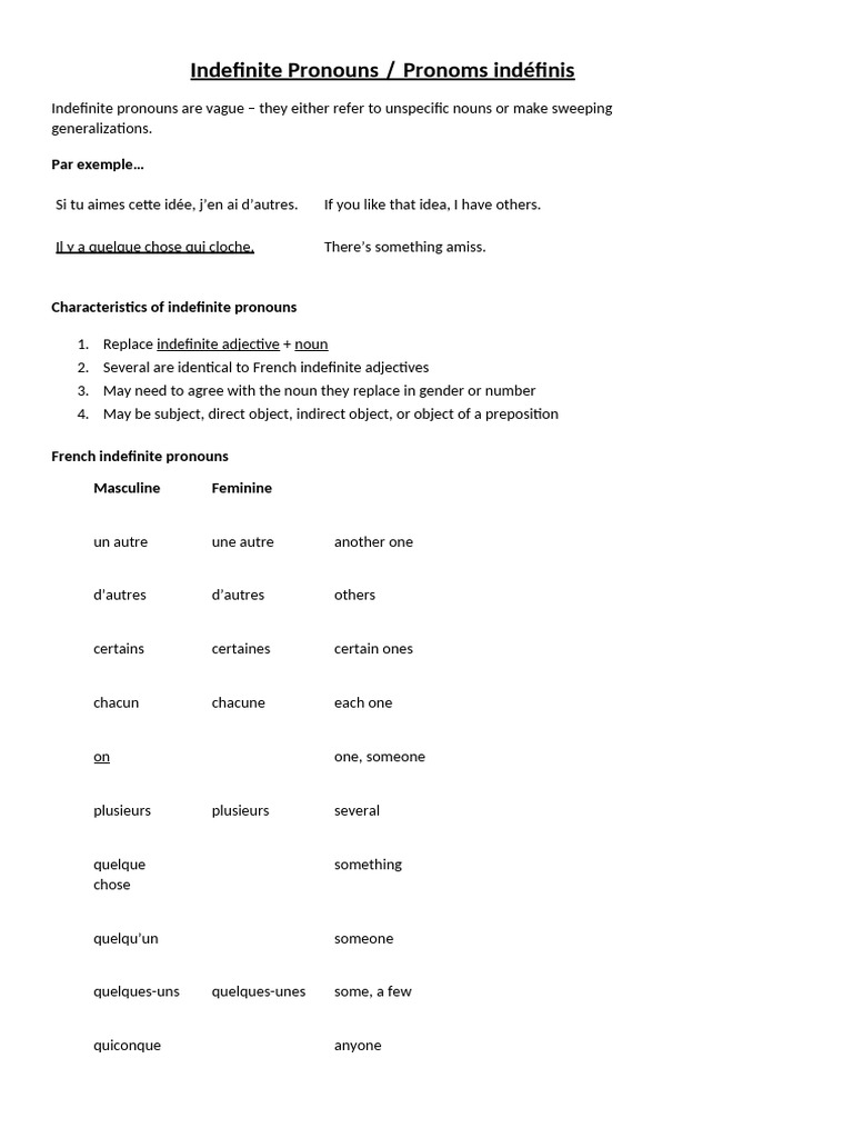 Understanding French Indefinite Pronouns | PDF | Grammatical Gender ...