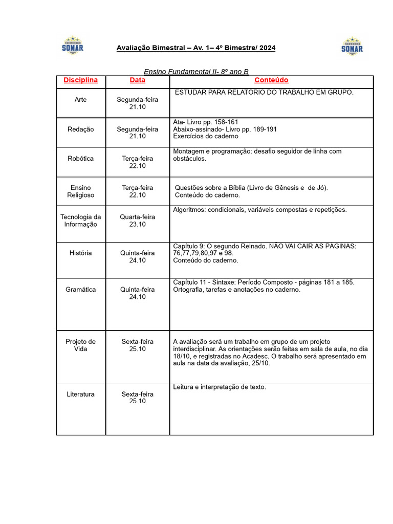 Cronograma 8 ANO B - AV1 - 4 BIM | PDF