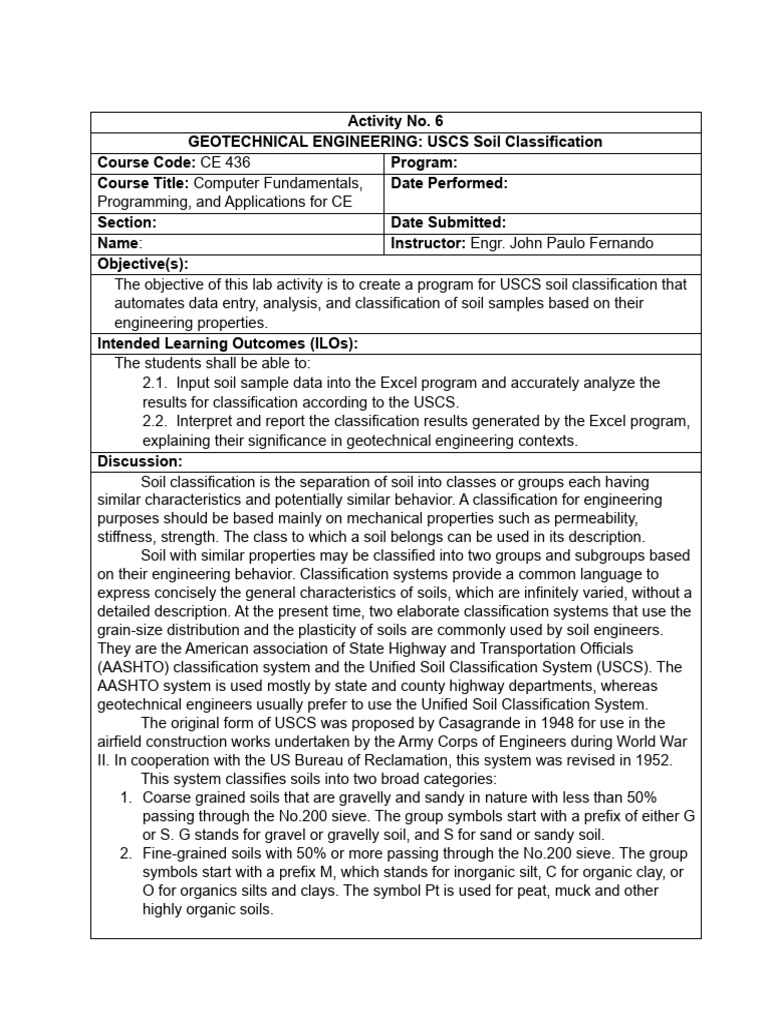 USCS Soil Classification Excel Guide | PDF | Silt | Clay