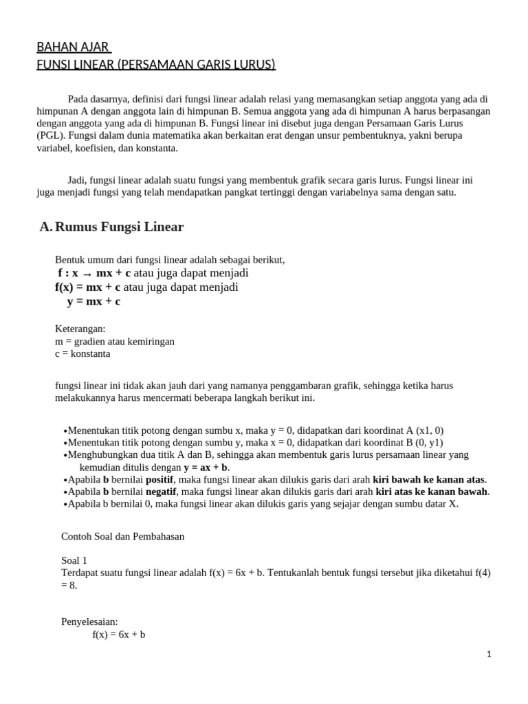 FUNGSI LINEAR Materi, Contoh Dan LKPD | PDF