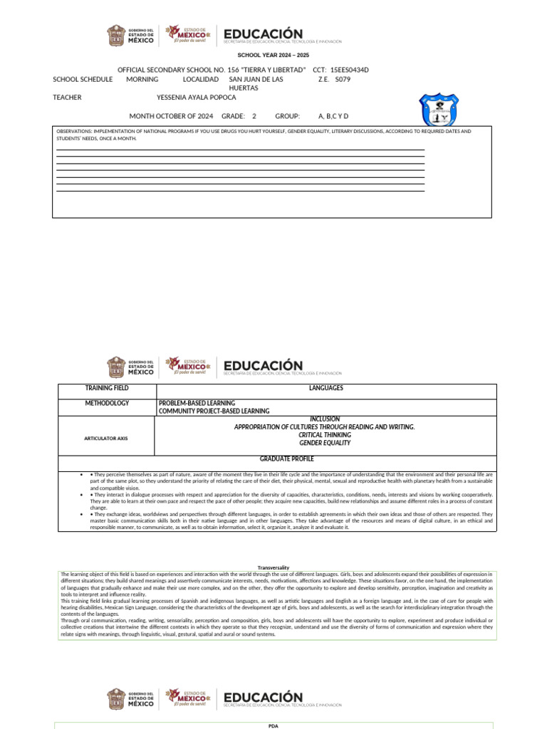 Octubre Planificacion Ingles Segundo A, B, C, D (2024-2025) | PDF ...