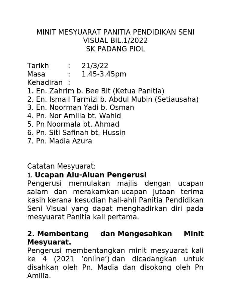 Minit Mesyuarat Panitia PSV Bil 1-2022 | PDF