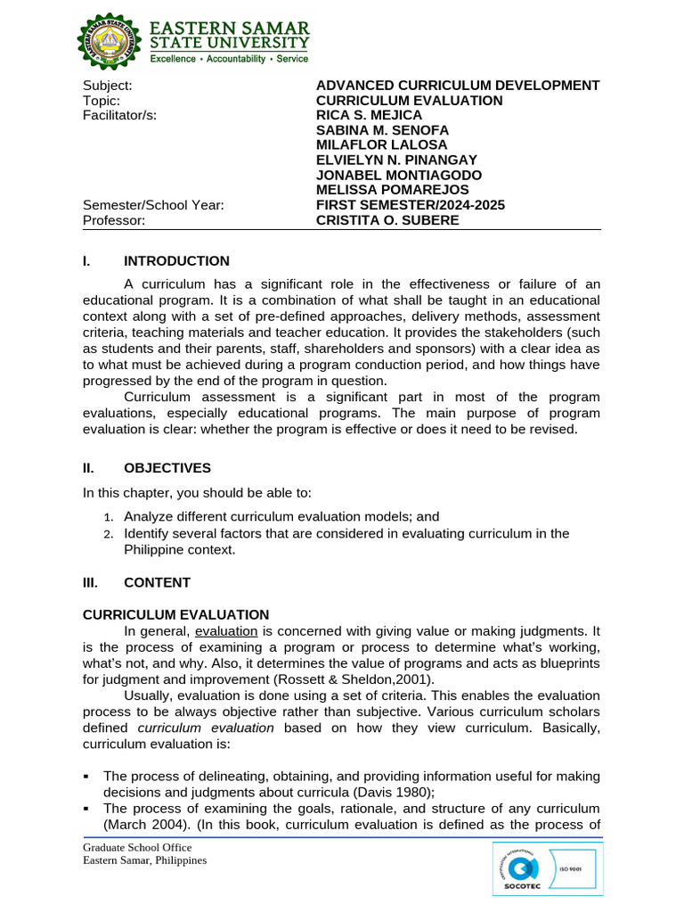 Advanced Curriculum | PDF | Curriculum | Evaluation