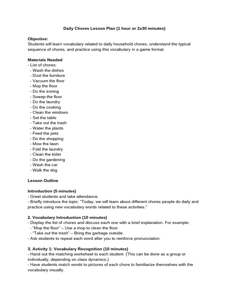 Lesson Plan - English Learning - Daily Activities Theme | PDF ...
