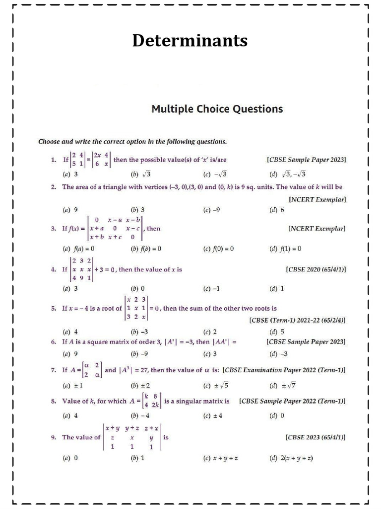 Determinants Hot Questions Class 12 | PDF