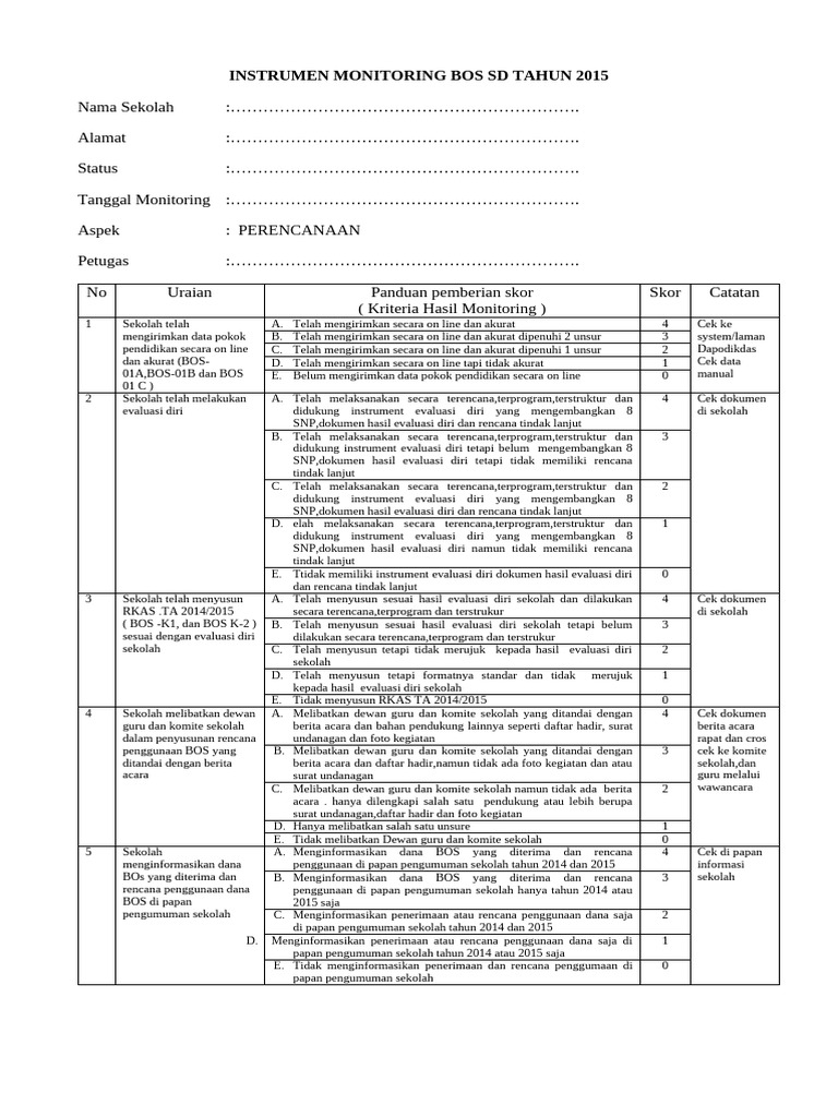 Instrumen Monitoring Bos SD Tahun 2015 | PDF