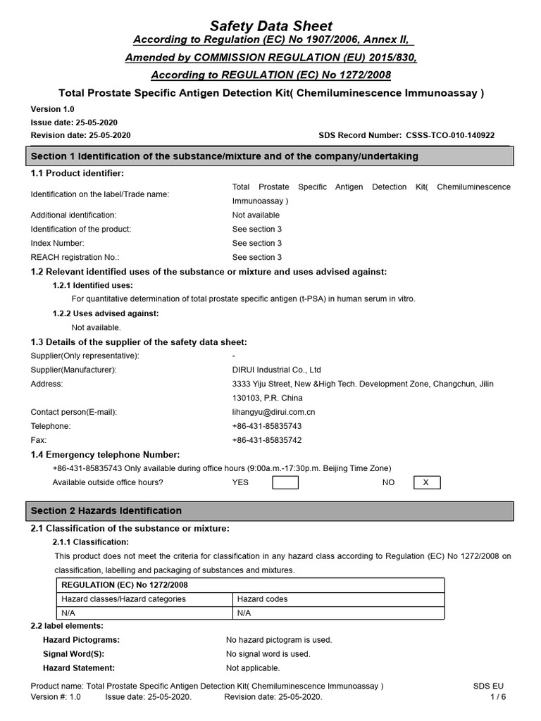 MSDS Total Prostate Specific Antigen Detection Kit (Chemiluminescence ...