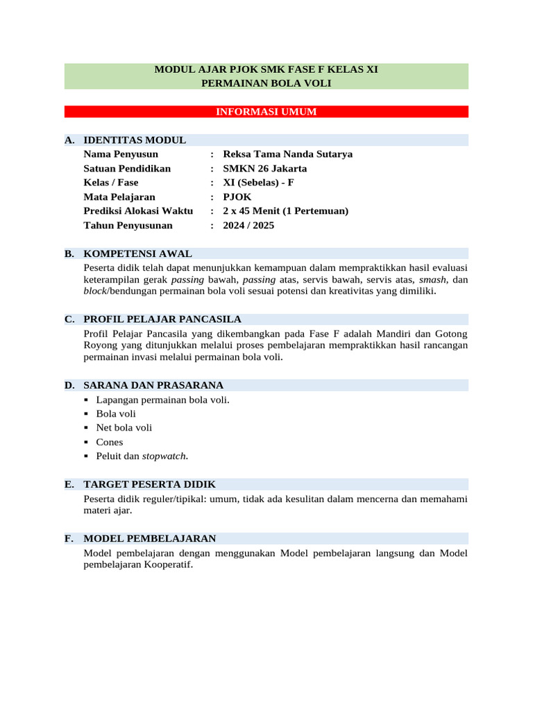 Modul Ajar Pjok Sma Fase F Kelas Xi Reksa | PDF | Karier & Perkembangan