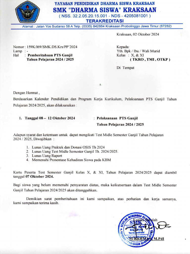Format Surat Pemberitahuan PTS Ganjil | PDF
