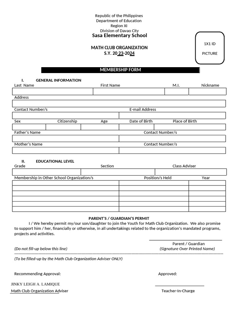 Math Club Membership Form | PDF | Social Institutions | Government And ...