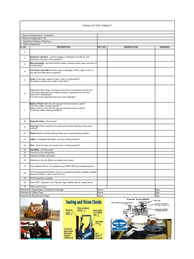 Fork Lift Inspection Checklist | PDF | Forklift | Manufactured Goods