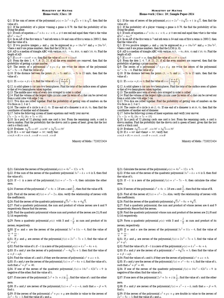 Class 10 Maths Homework Questions | PDF | Sphere | Zero Of A Function