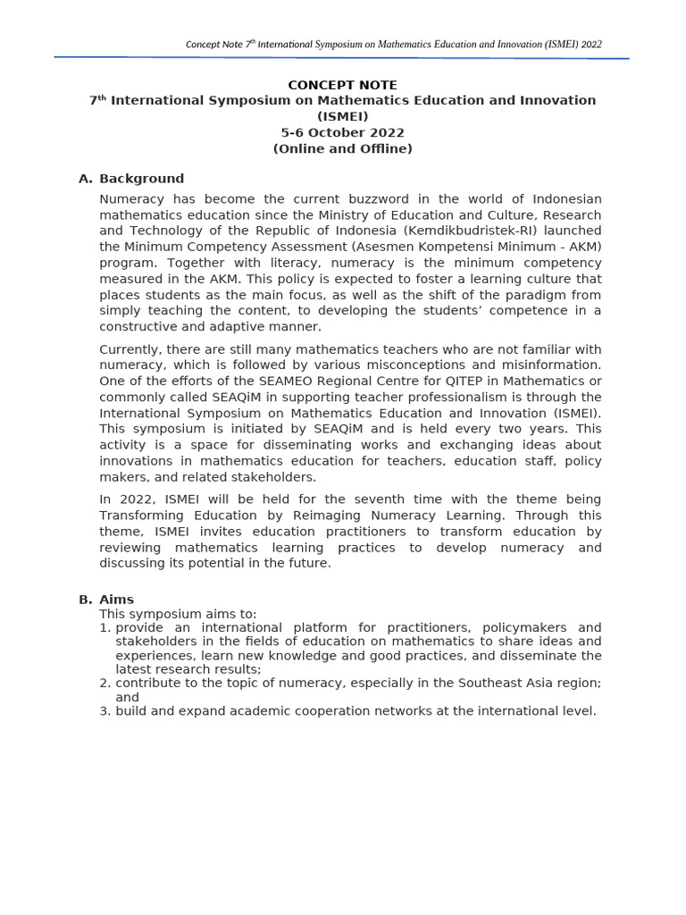 Concept Note of The 7th ISMEI 2022 Final | PDF | Teachers | Human ...
