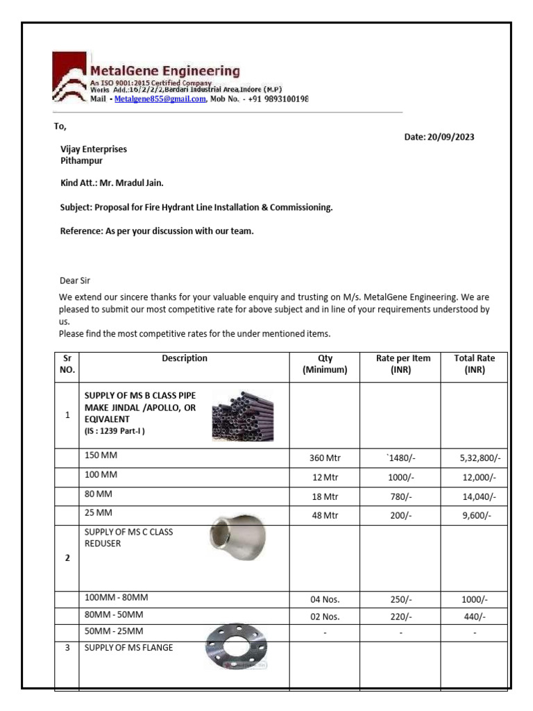 Proposal For Fire Hydrant Line Installation Vijay Engineering PITHAMPUR ...