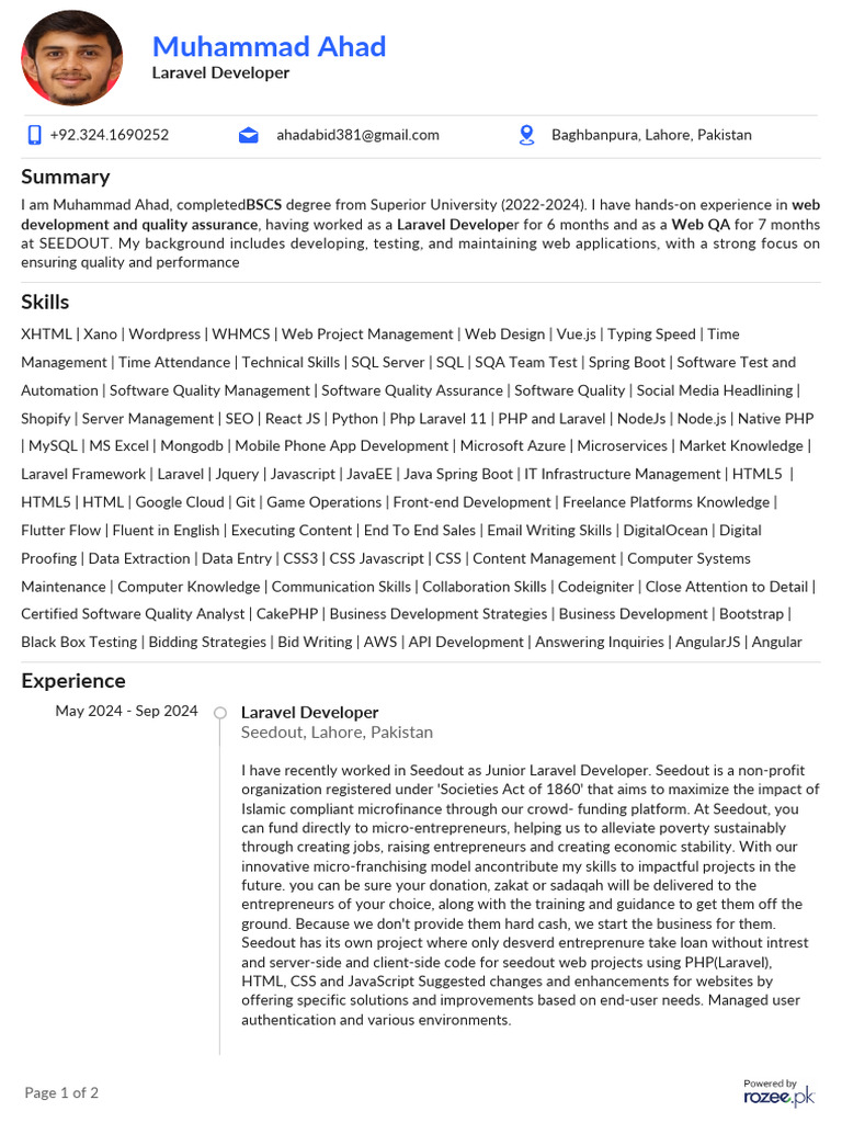 Rozee CV 186020048 18705038 Muhammad Ahad | PDF | World Wide Web | Internet & Web