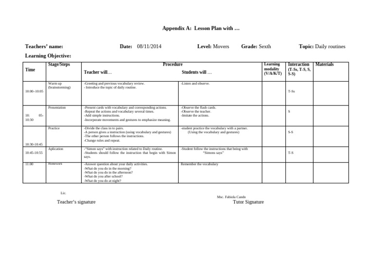 Appendix A: Lesson Plan With : 08/11/2014 Movers Sexth Daily Routines | PDF | Cognitive Science ...
