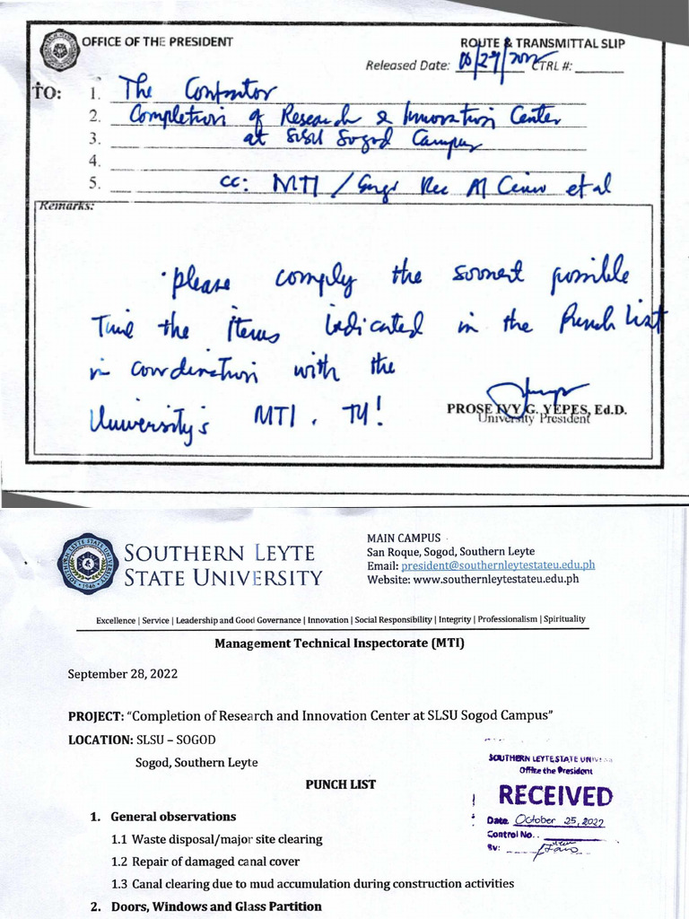 MTI - Punch List - Completion of Research and Innovation Center at SLSU ...