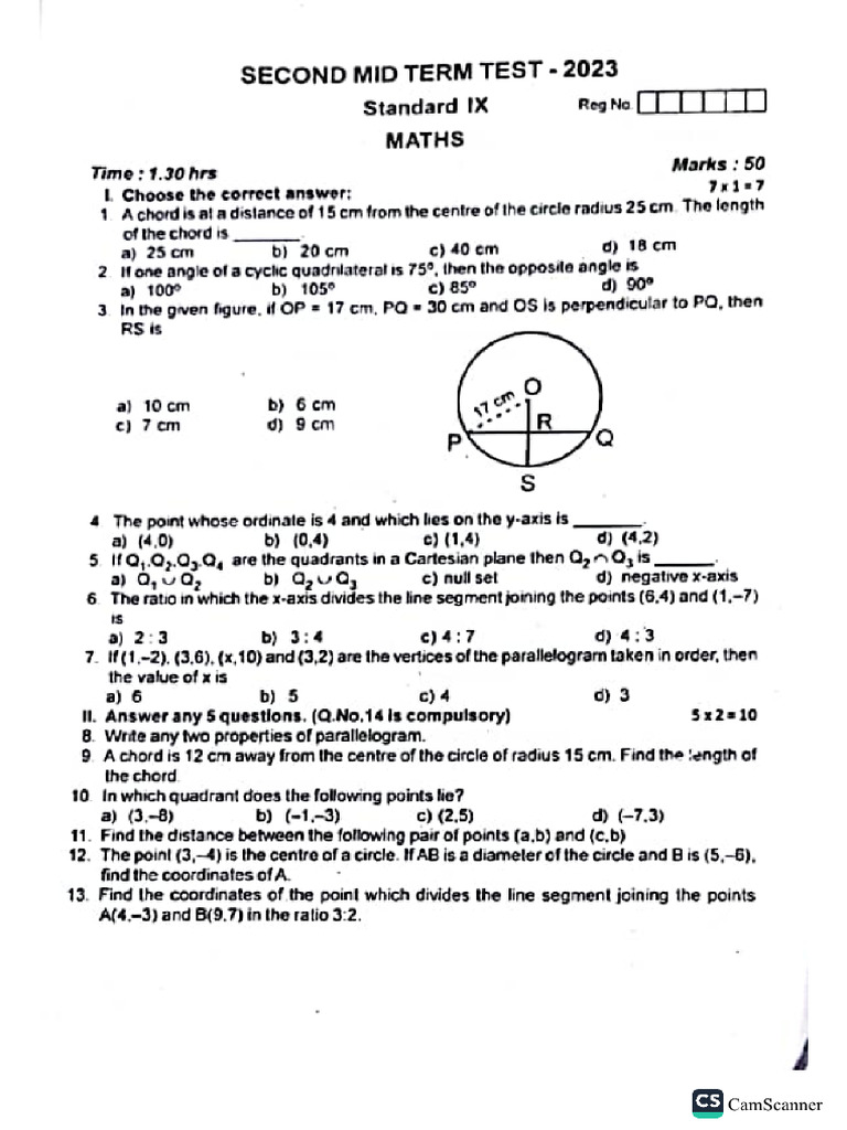 9th Maths EM Second Mid Term Test 2023 Question Paper Ranipet District ...