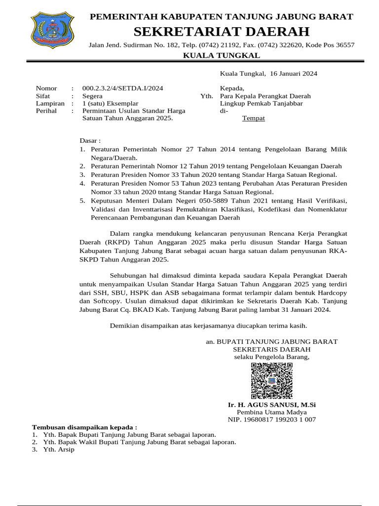 Surat Setda No. 4 Hal. Permintaan Usulan Standar Harga Satuan Tahun Anggaran 2025 | PDF