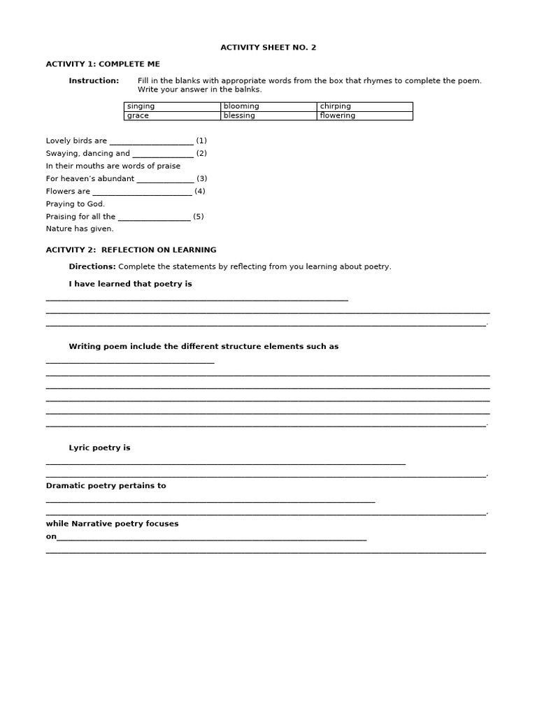 Poetry Activity and Reflection Sheet | PDF | Poetry