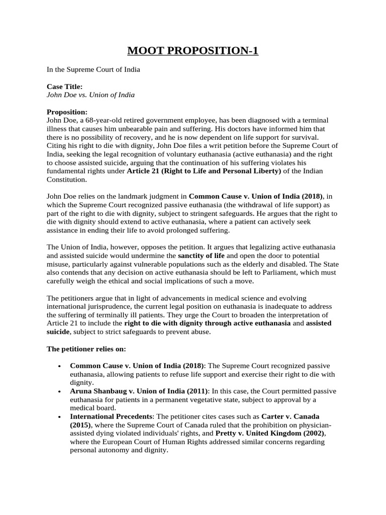 MOOT PROPOSITION On Right To Die With Dignity Draft 4 | PDF | Social Ethics | Human Rights