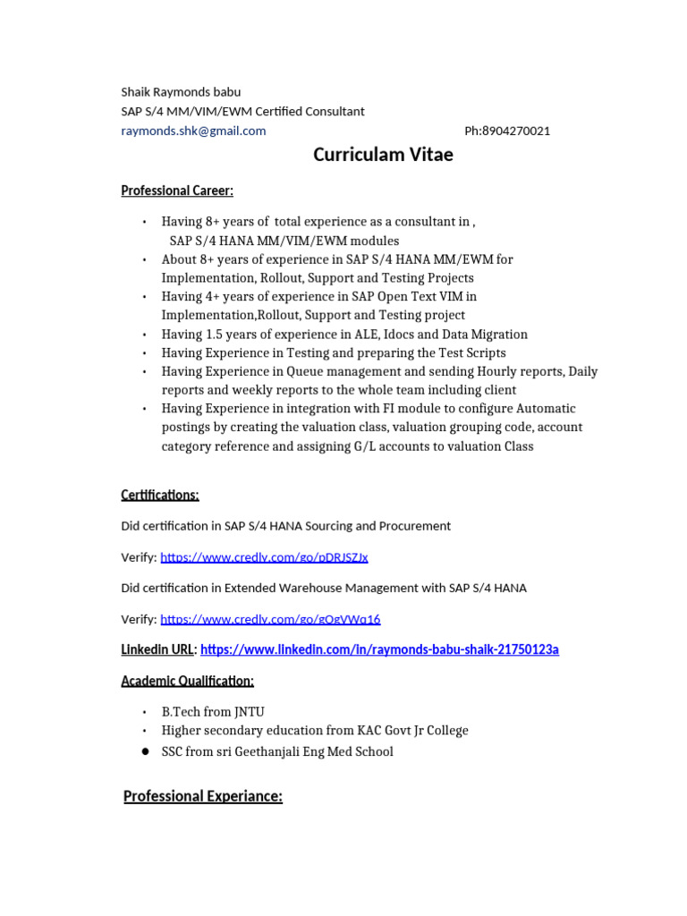SAP EWM Consultant Resume of Shaik Babu | PDF | Enterprise Resource ...