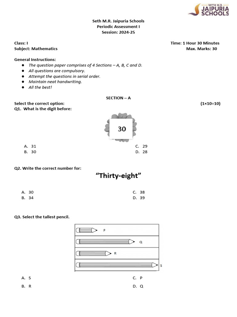 QP - Grade 1 - Maths - PA1 | PDF