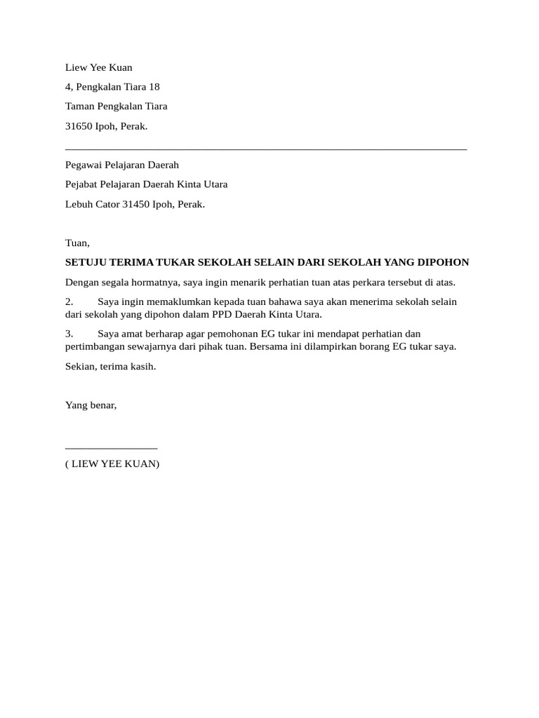 Surat Setuju Terima Sekolah | PDF