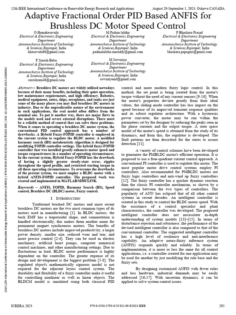 Adaptive Fractional Order Pid Based Anfis For Brushless Dc Motor Speed Control Pdf Electric