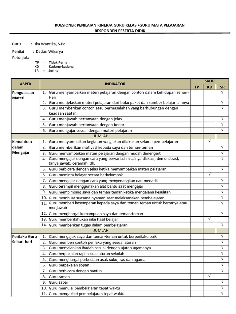 Instrumen Penilaian Kinerja Guru Oleh Peserta Didik, Oleh Teman Sejawat ...