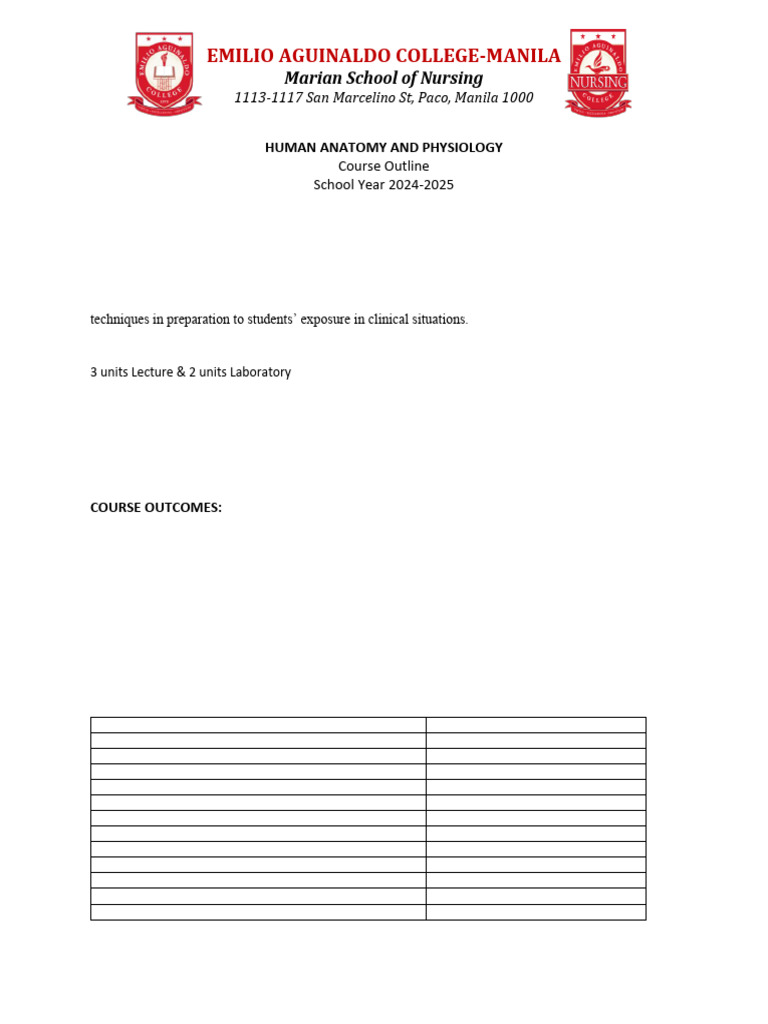 Anaphy Course Outline | PDF | Anatomy | Physiology