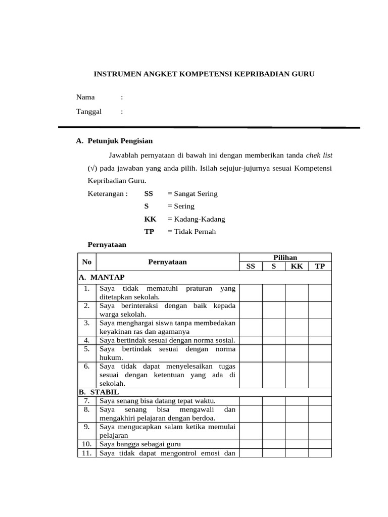 Instrumen Angket Kompetensi Kepribadian Guru | PDF