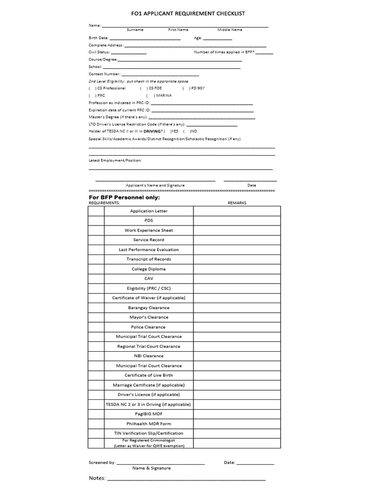 FO1 Applicant Checklist | PDF