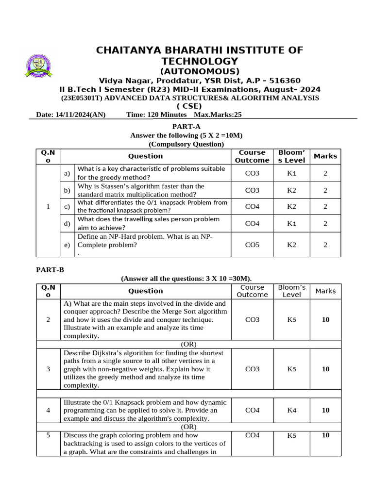 Adsaa Cse Mid-2 | PDF | Algorithms | Algorithms And Data Structures Adsaa Cse Mid-2 | PDF | Algorithms | Algorithms And Data Structures