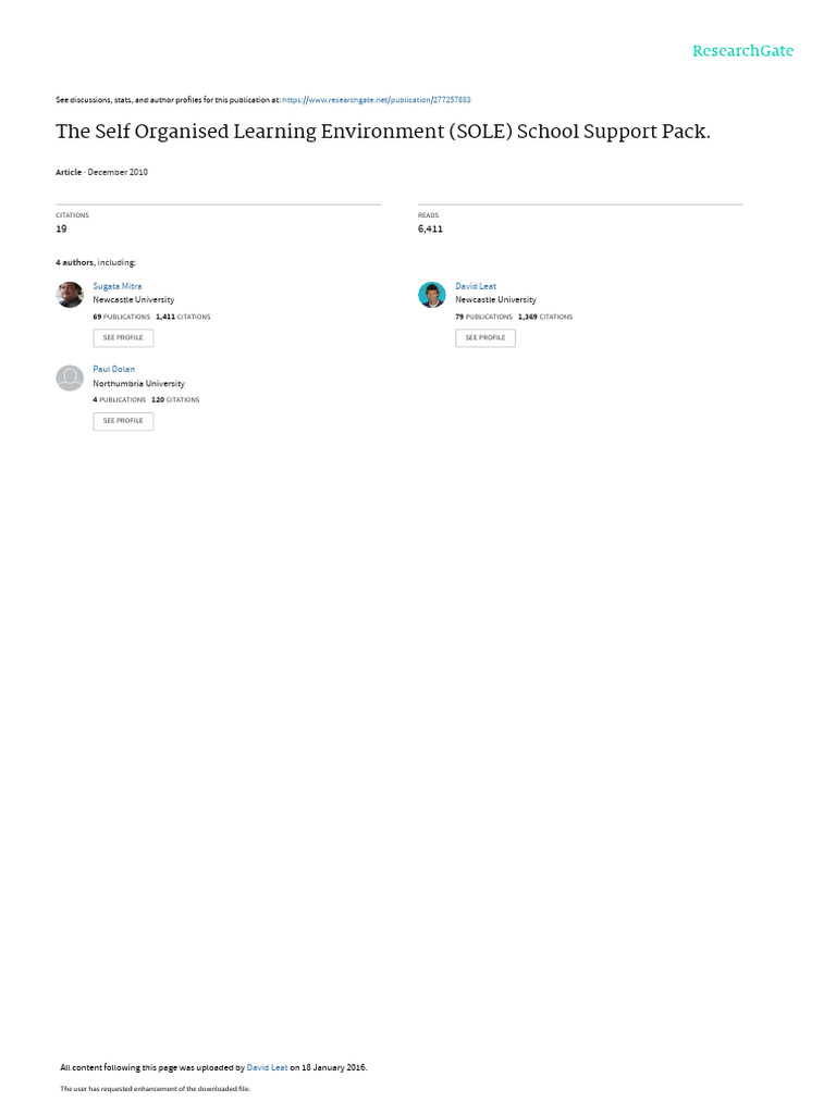 The Self Organised Learning Environment SOLE Schoo | PDF | Teachers | Computer Monitor