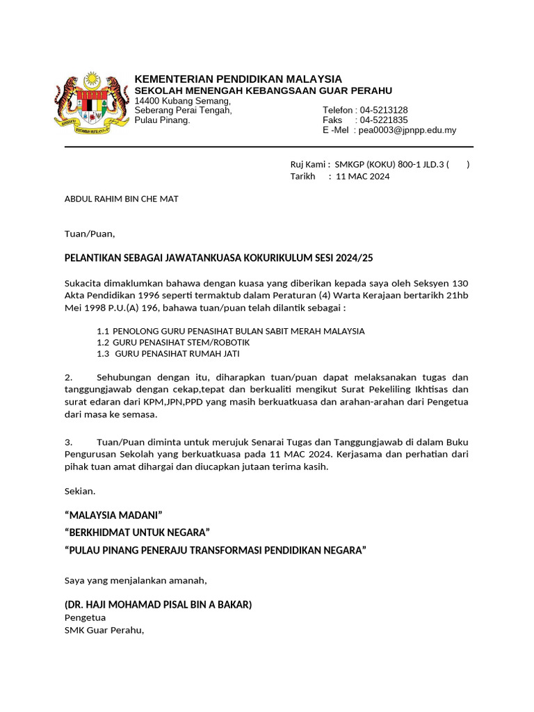 Surat Lantikan Koko 2024 | PDF